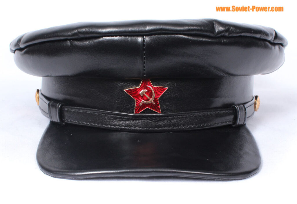 Soviet Officer black leather hat USSR Bolshevik visor cap with red star ...
